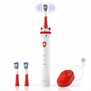 JTF Kids Electric Toothbrush-for Ages 3-12, Rechargeable Electric Toothbrushes, Wireless Fast Charge & Long Battery Lasting for 60 Days,with Smart Timer 3 Modes & 2 Kids Size Brush Heads, Red…