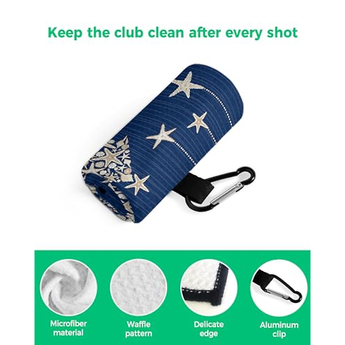 Golf Towel Christmas Summer Starfish Conch Xmas Tree,Waffle Pattern Microfiber Club Cleaner Golf Towels with Carabiner Clip for Women Men Dad,Navy Blue Stripe Golf Towel for Golf Bags,24x16in