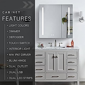 WELLFOR Bathroom LED Mirrored Cabinet with Adjustable Shelves, Dimmer, Outlets & USB Ports, Defog, Wall Bathroom Medicine Cabinet, Bathroom Mirror, Recessed or Surface, Double Opening Doors, 30" X 30"