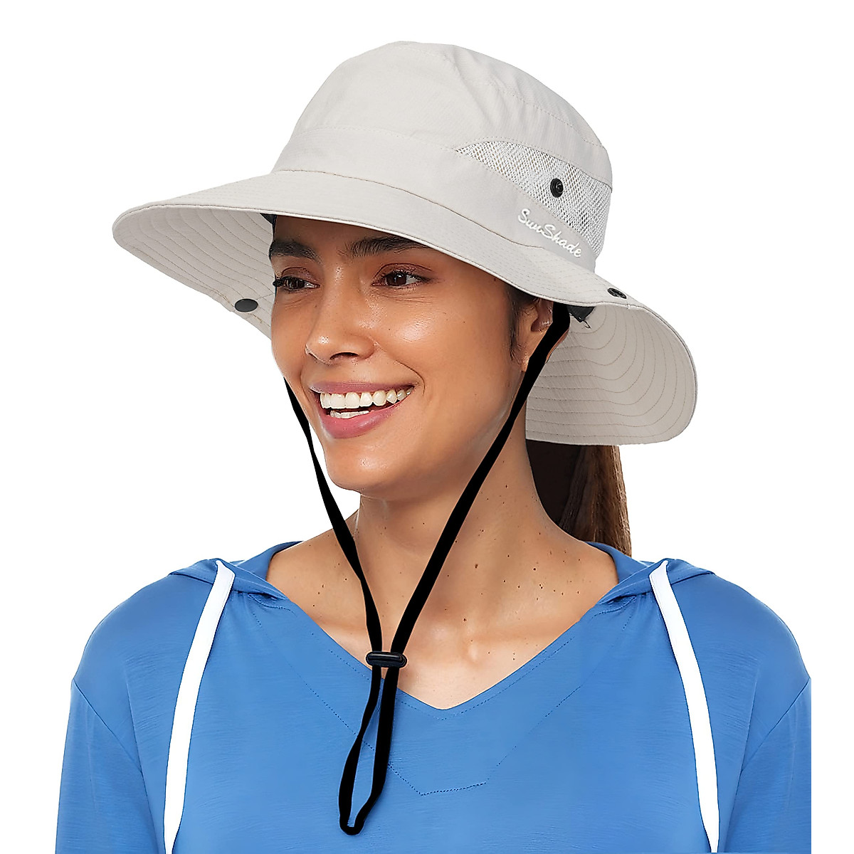 Womens Sun Hats Wide Brim Ponytail Hats Summer Beach Hat for Women Foldable Travel Safari Hats UPF50+(Size:M-L) (58cm/22.83inch,Beige)