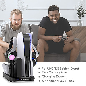 Charging Display Stand Compatible with PS5 VR, Vertical Stand with Cooling Fan Compatible with PS5 DE/UHD Storage Bracket Charger Station Compatible with PS5/PS5 VR Move Controller with 4 USB Hub