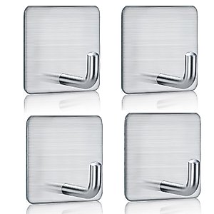 FOTYRIG Adhesive Towel Hooks Extra Sticky Door Coat Hooks 15LB (Max) Stick on Wall Waterproof Stainless Steel Shower Hooks for Hanging loofah Purse Clothes Bathroom Hooks Silver-4 Packs