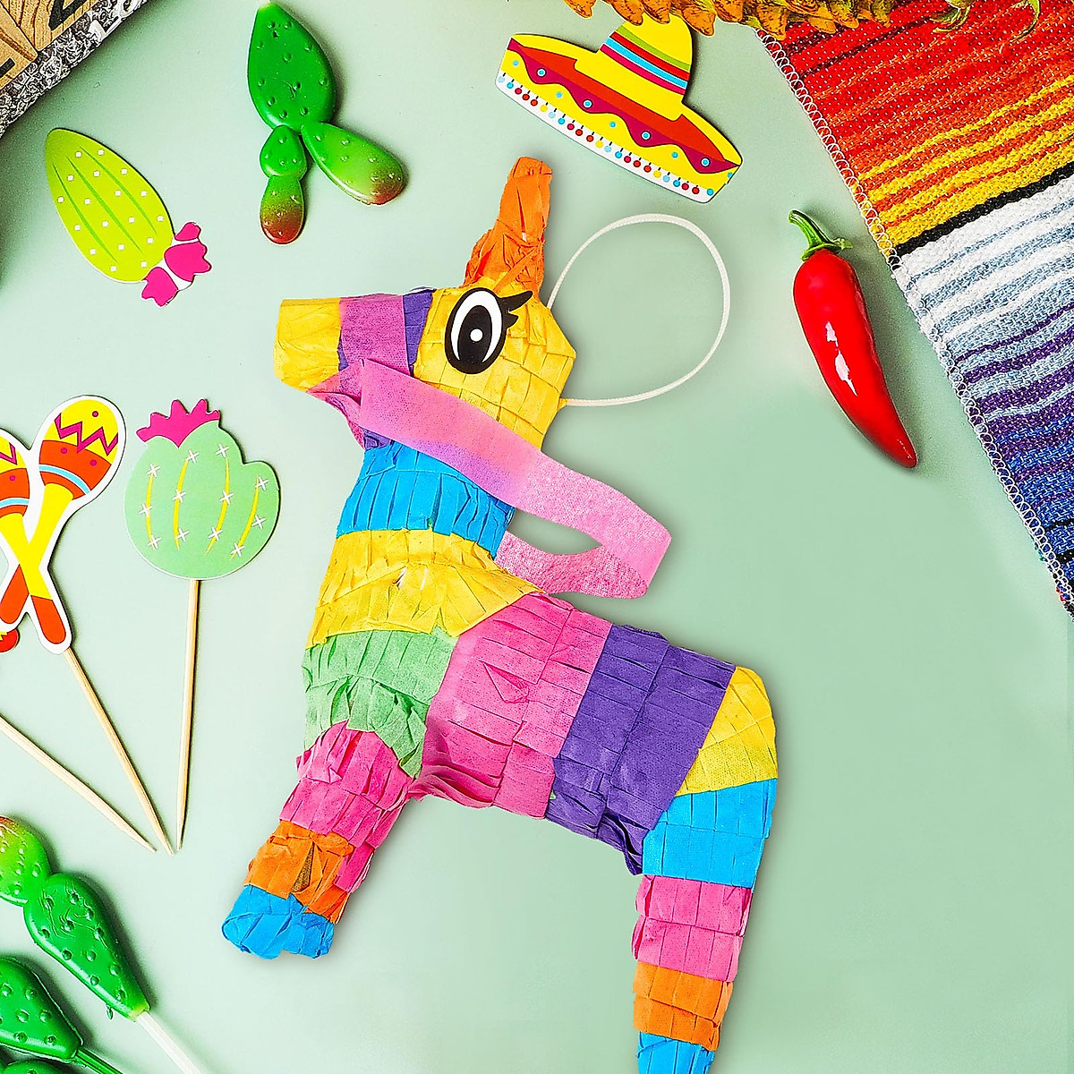 15 Pcs Fiesta Cupcake Topper Mexican Theme Cake Decoration Cactus Piñata Taco Party Decorations with Wooden Sand Hammer and Foam Chili Decorations for Mexican Fiesta Party Baby Shower(Cute Style)