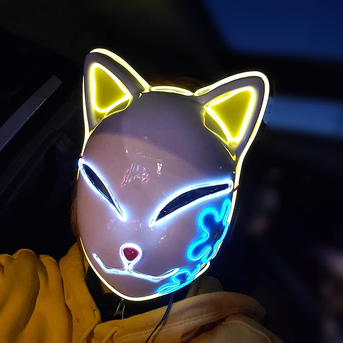 ZZXIAOJIE 3Pcs Demon LED Mask Costume Props Japanese Anime Plastic Fox Face Cosplay Glowing Masks for Adult Masquerade