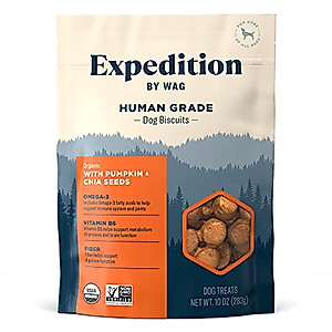 Amazon Brand - Wag Expedition Human Grade Organic Biscuits Dog Treats, Non-GMO, Gluten Free, Pumpkin & Chia Seed, 10oz