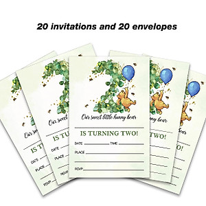 Dolimifa Winnie the Pooh 2nd Birthday Invitations Fill in Style Greenery Winnie the Pooh Blue Balloon Little Hunny Bear Winnie Second Birthday Invites for 2 Year Old, 20 Count With Envelopes