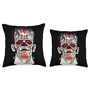 Retro Dia de los Muertos Tee Halloween Party Gift Catrina Frankenstein Sugar Skull Horror Movie Throw Pillow, 18x18, Multicolor