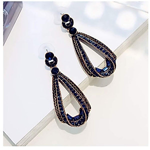 Antique Gold Bronze Tone Art Deco Vintage Gatsby Flapper Style Dark Blue Sapphire Rhinestone Dangle Earrings