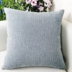 Booque Valley Pack of 2 Rough Chenille Pillow Covers，Thick Texture Solid Rustic Farmhouse Cushion Covers Square Throw Pillow Cases for Sofa Bedroom 18 x 18 Inch Light Blue