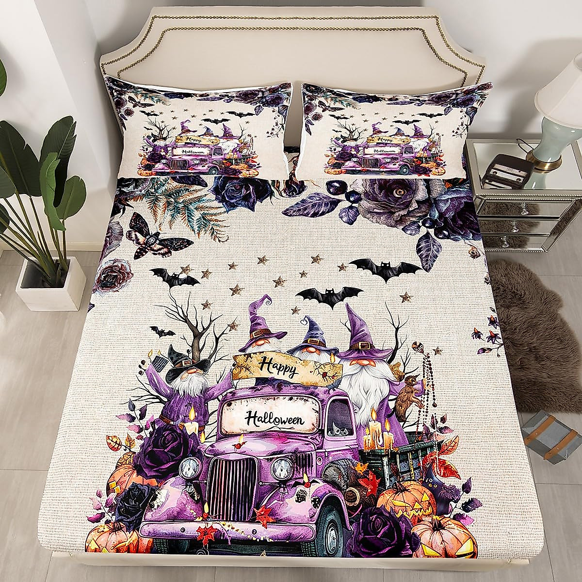 Manfei Happy Halloween Fitted Sheet Full Size, Cute Gnome Ghost Bed Cover with 2 Pillowcases, Gothic Moth Floral Bedding Set 3pcs for Kids Boy Girl Room Decor, Soft Polyester Bedding