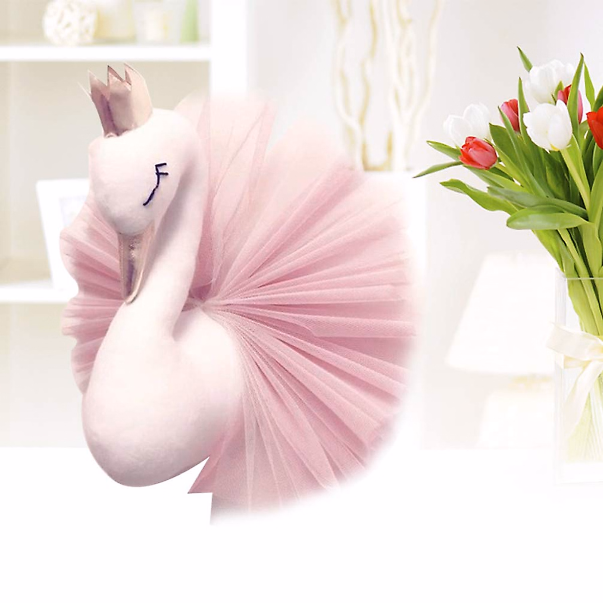3D Wall Hanging Decoration Cute Crown Dress Swan Wall Art Sticker Hook for Nursery Kids Girl Room Wedding Birthday (Pink)