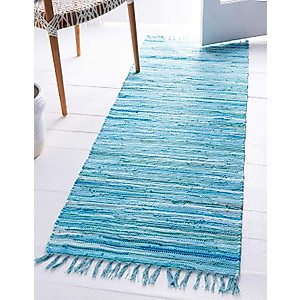Unique Loom Chindi Cotton Collection Soft Hand Woven Natural Fiber Striped Area Rug, 2 ft 2 in x 6 ft 7 in, Turquoise/Ivory