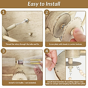 Farmhouse Wood Beaded Chandelier, Bohemia Ceiling Lamp, Rustic 2-Light Pendant Light Fixture, Semi-Flush Mount Ceiling Light for Living Room Entryway Hallway Kitchen Girl’s Room Baby’s Nursery, Oak