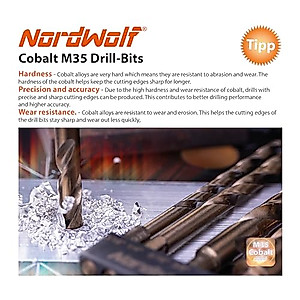 NordWolf 5-Piece M35 Cobalt Drill Bit Set for Stainless Steel, Hard Metals & Cast Iron, Jobber Length with 1/4" Hex Shank, SAE Sizes 3/16"-1/4"-5/16"-3/8"-1/2"