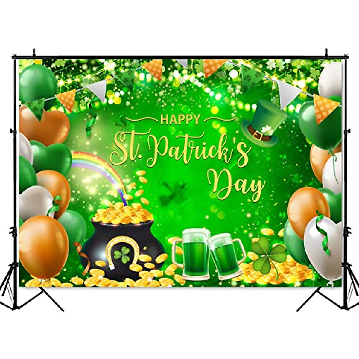 Mocsicka Happy St. Patrick's Day Backdrop Irish Green Lucky Shamrocks Festival Party Decoration Gold Green Balloon Baby Shower Party Banner Shinny Coin Photo Booth Props (7x5ft (82x60 inch))