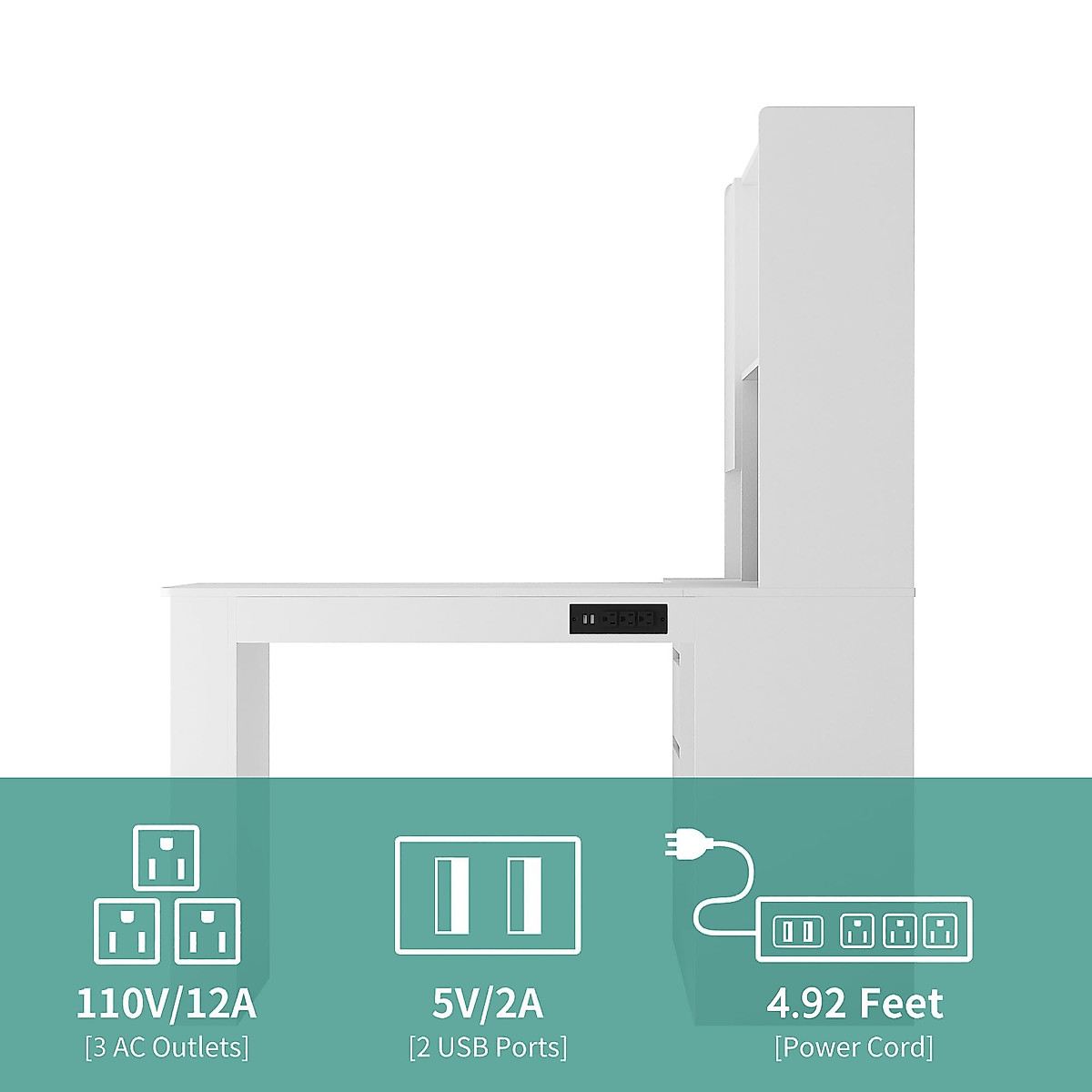 RuiSiSi Home Office L Shaped Corner Desk with Hutch, Drawers & Bookshelf, Modern Desk with LED Light, Study Table Writing Desk, Gaming Computer Desk with Storage, White