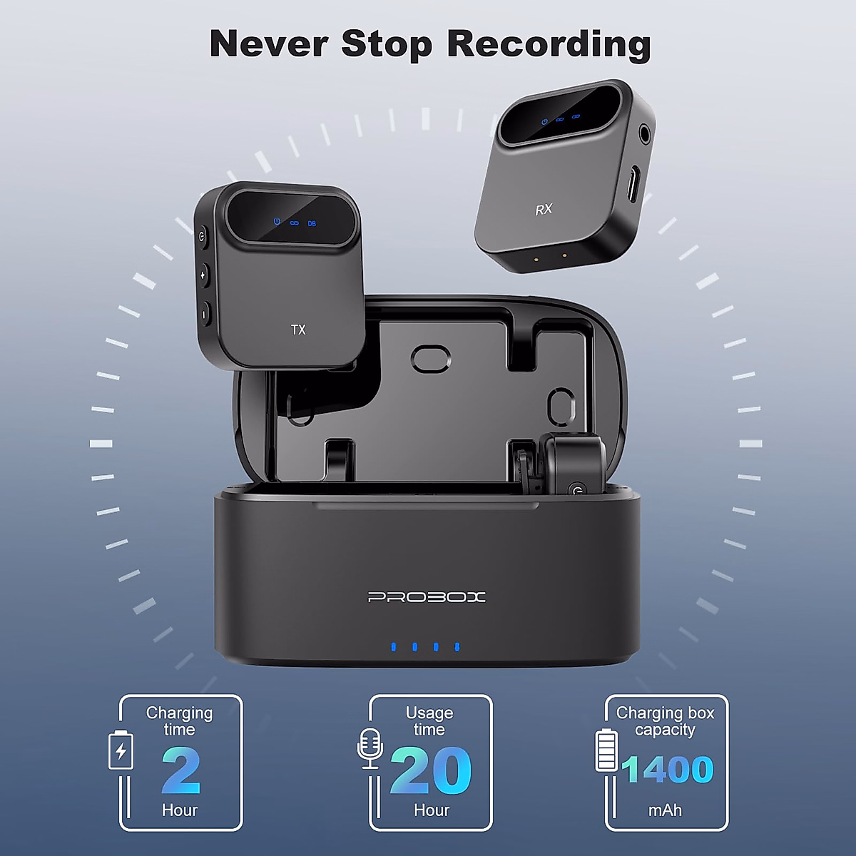 Probox BT08 Wireless Lavalier Microphone with Noise Cancellation, 650ft Transmission Range, 20H Battery Life, Compact All-in-One Lapel Microphone System for DSLR Camera/iPhone/Android/PC/Streaming