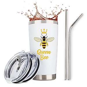 JENVIO Bee Mothers Day Gifts for Women | Queen Bee Lover | White Stainless Steel Wine/Coffee Travel Tumbler/Mug Includes Lid 2 Straws and Gift Box | Valentine's Day Bumble Bee (20 Ounce)