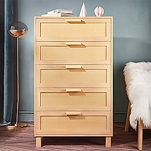 Graficial 5 Drawer Dresser, Chest of Drawers, Hamilton Rattan Tall Bedside Storage Table, Oak Dresser for Bedroom,Living Room