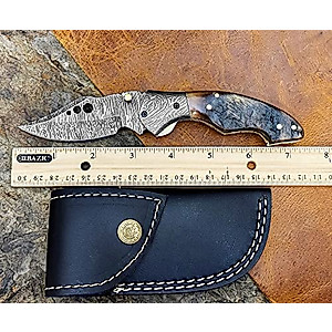 Damascus Steel Folding Pocket Knife With Ram Horn Handle - 100% Handmade Gift Knives for Men With Leather Sheath - 7.5 inches Knives For Hunters - Perfect for Any Occasion, Birthday, Anniversary, Wedding, Graduation