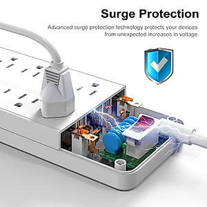 Power Strip, YOHINSIZ Surge Protector with 12 outlets and 4 USB Ports & 1 USB-C Port(5V/3A),6FT Extension Cord Flat Plug for Home&Office,Black/White (White)
