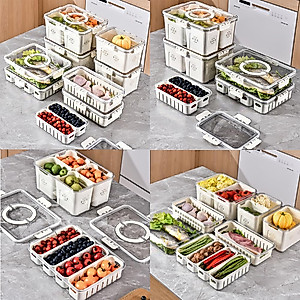NEEMAY Refrigerator Organizer Box, Food Storage Container Fruit Storage Container for Fridge with 2 Drain Basket in One Container, Stackable Vegetable Strainers Box with Lid 1 Box/Set of White