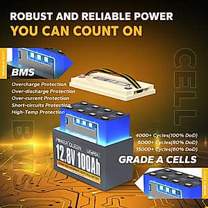 Power Queen 12V 100Ah LiFePO4 Battery Group 31 Lithium Deep Cycles Battery, Built-in 100A BMS, Up to 15000 Deep Cycles, Perfect for RV, Marine, Off-Grid Solar Power System