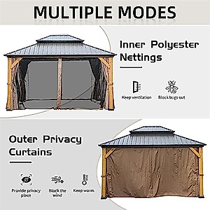 Jaxenor Outdoor Cedar Wood Frame Canopy - 12'x14' Hardtop Gazebo with Galvanized Steel Double Roof - Permanent Metal Pavilion for Patio, Backyard, and Lawn - Includes Curtains and Netting - Brown