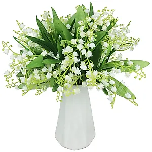 Tinsow 18 Pcs Artificial Lily of The Valley Faux Flowers of May White Orchid Wedding Holding Flowers Bouquet Home Garden Wedding Party (18)