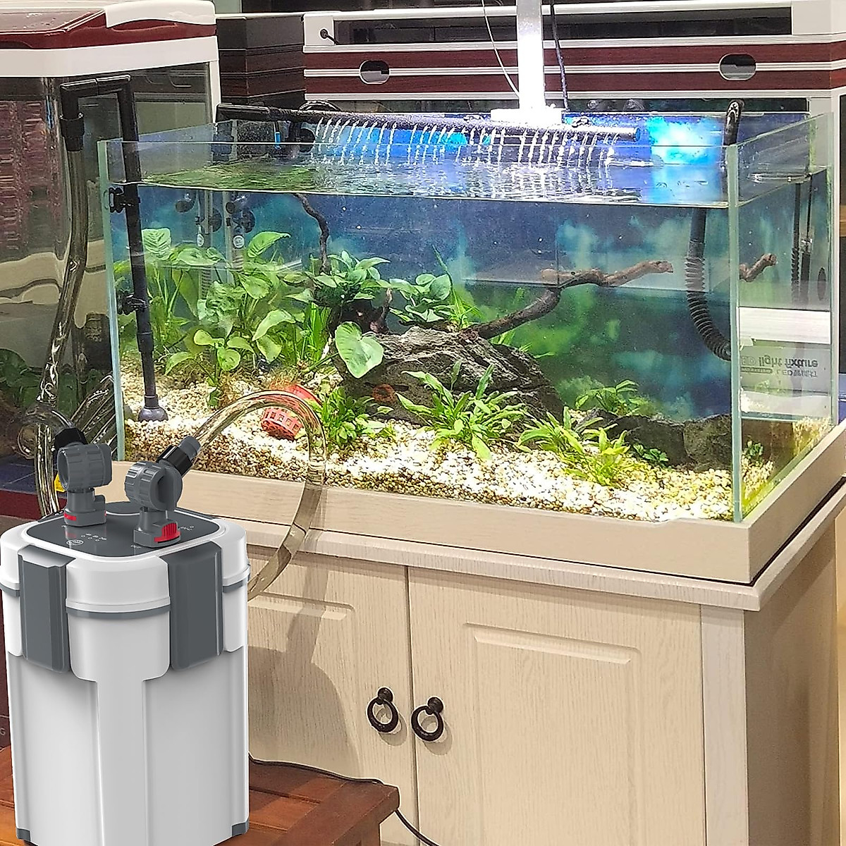 bykaeler 225GPH Canister Filter for Aquarium with Timed Light, Ultra-Quiet External Aquarium Filter with Filter Medium and Spray Rod,Suitable for Large Fish Tanks and Aquariums (LED-901F)