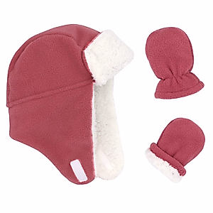 Baby Girl Winter Hat Toddler Hats for Girls Boys Sherpa Lined Trapper Hat Baby Hats and Mittens Toddler Gloves Rose 12-24 Months