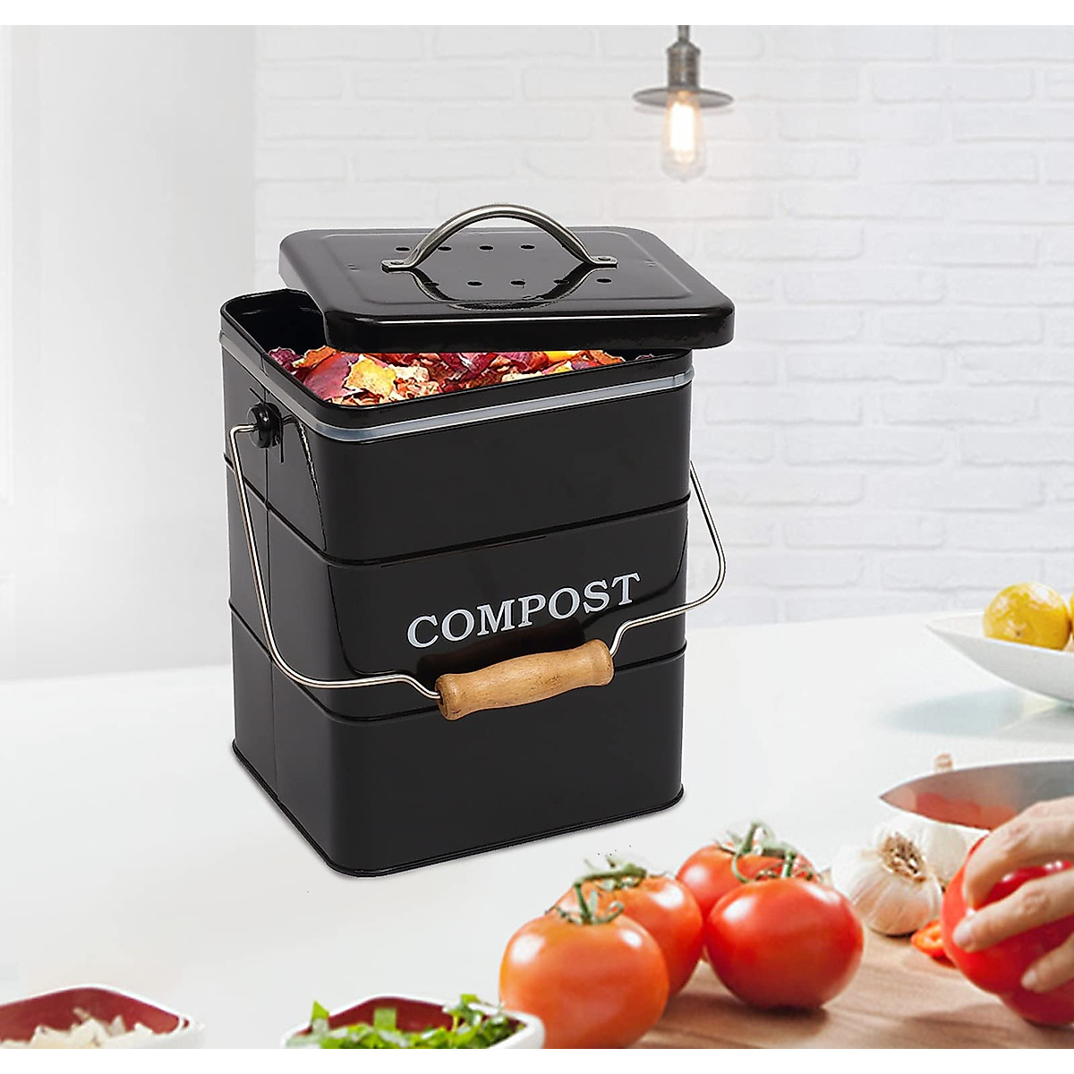 Compost Bin Kitchen Countertop Indoor Compost Pail Bucket, Great for Food Scraps, Carbon Steel, Handles, Black, 1 Gallon - Includes Charcoal Filter