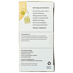 Allegro Tea, Organic Decaf Lemon Green Tea Bags, 20 ct