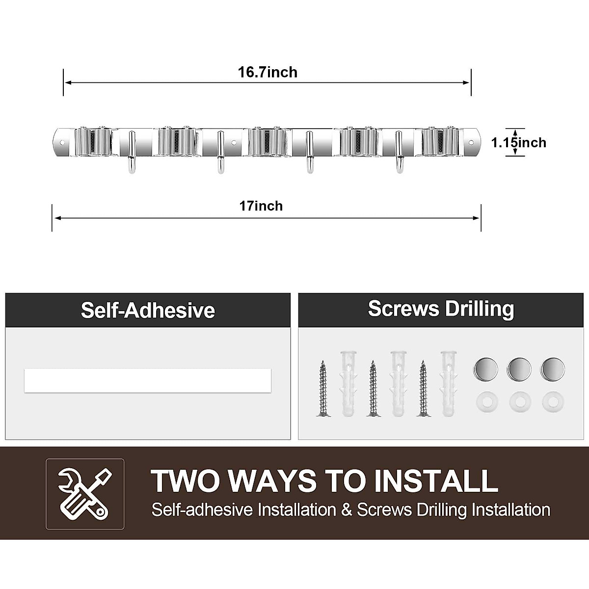 TOPSKINOY Broom Holder Wall Mount, Stainless Steel Broom Hanger Wall Mount, Heavy Duty Mop and Broom Holder Tool Racks Utility Hooks for Laundry Room Garden Garage, Grey (5 Racks and 4 Hooks)