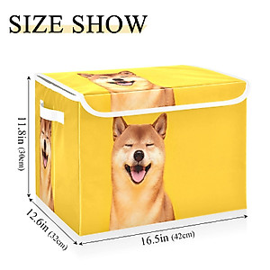 Wusikd Shiba Inu Dog Storage Basket Yellow Storage Boxes with Lids and Handle, Large Storage Cube Bin Collapsible for Shelves Closet Bedroom Living Room, 16.5x12.6x11.8 In