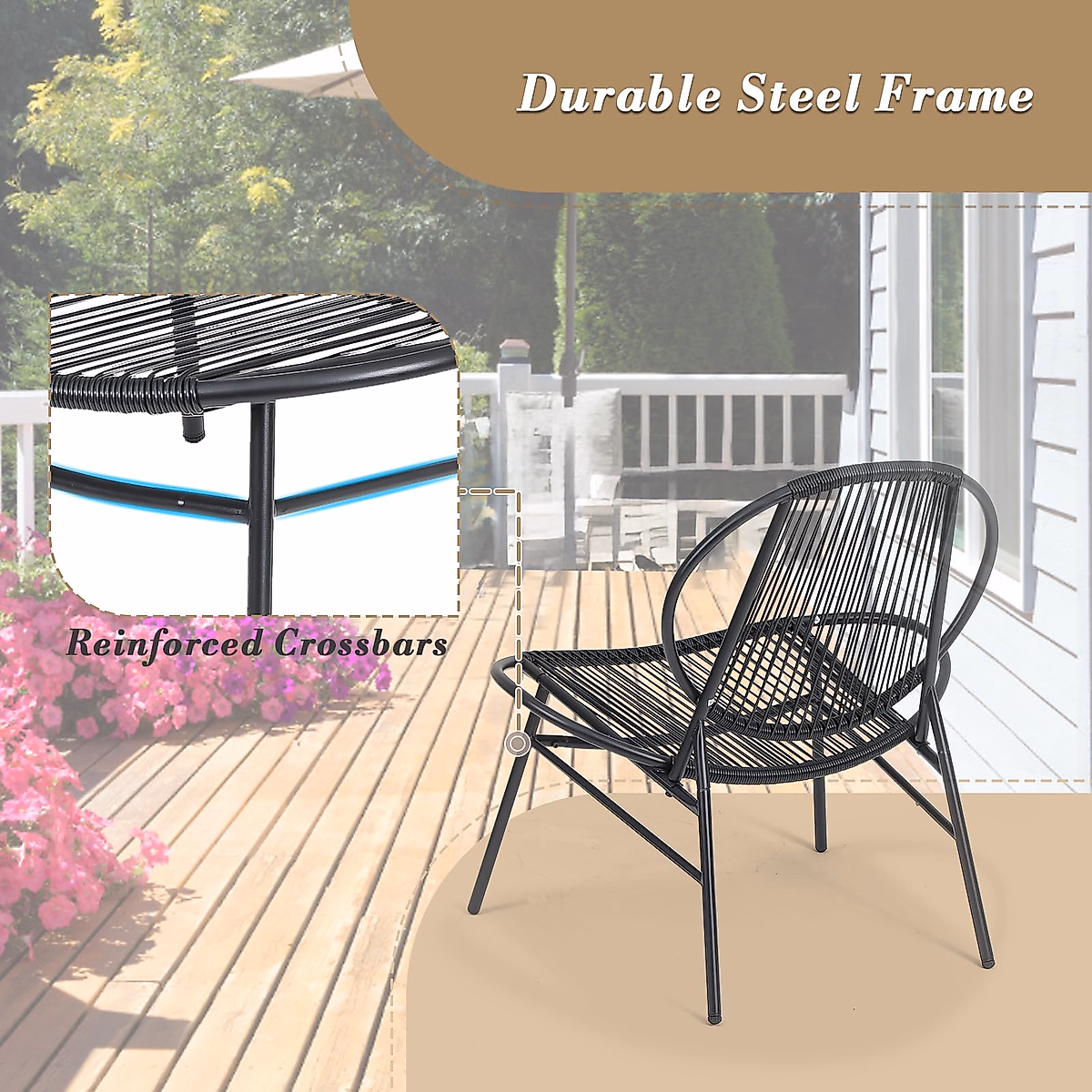 Athena Collection 3-Piece Patio Conversation Set, All-Weather Rattan Acapulco Chair and Round Table Set Bistro Set Indoor Outdoor Seating Furniture Set for Balcony, Pool, Garden, Backyard, Black