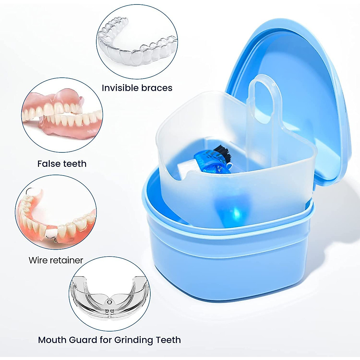 Y-Kelin Denture Retainer Cleaner Kit, Denture Cleaning Case with Denture Brush (Blue)