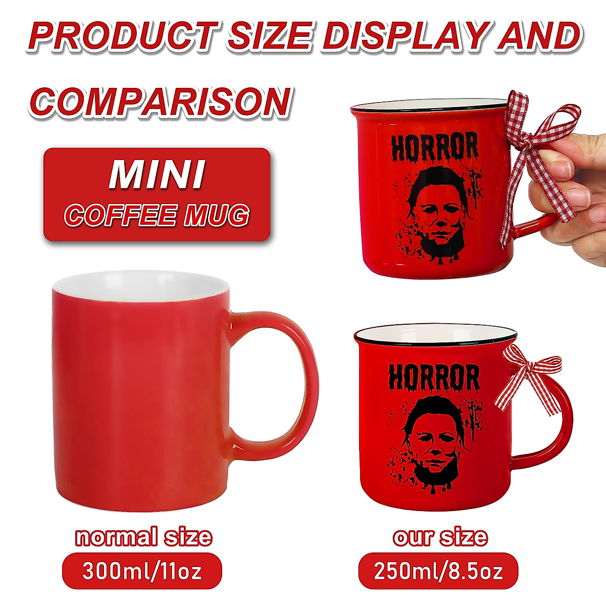 Whaline 4Pcs Halloween Mini Mugs with Plaid Ribbon Horror Movie Character Mini Coffee Mug Halloween Party Cups for Table Centerpieces Tiered Tray Decor Gifts