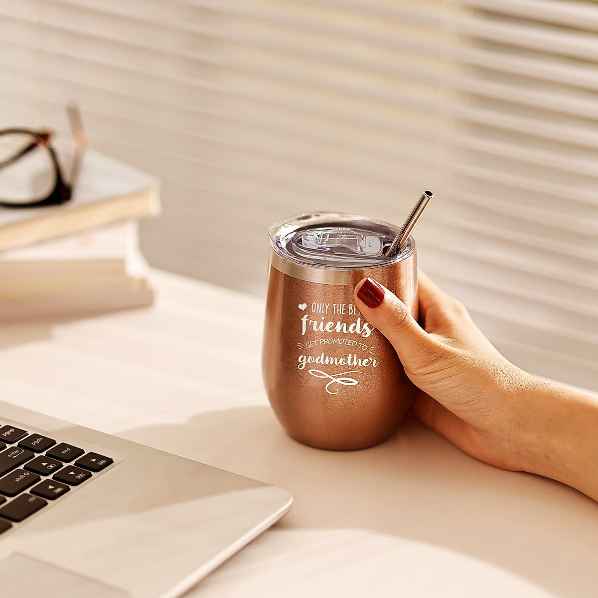 Godmother Wine Tumbler Only the Best Friends Get Promoted to Godmother Tumbler Godmother Gifts Mothers Day Birthday Christmas Gifts for Godmother 12 Ounce with Lid Straw and Gift Box Rose Gold