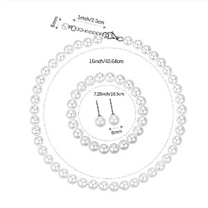 LZMEI White 8mm Faux Hand Knotted Glass Imitation Pearls Necklace Earring Jewelry 3 Set for Women and girls (16inch)