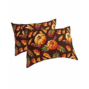 Edwiinsa Fall Pumpkin Pillow Covers Standard Size Set of 2 Bed Pillow, Brown Autumn Maple Leaves Farmhouse Plush Soft Comfort for Hair/Skin Cooling Pillowcases with Envelop Closure 20''x26''