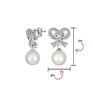 Victorian Style Cocktail Delicate Romantic Wedding Bridal Ribbon Cubic Zirconia White Simulated Pearl CZ Pave Bow Stud Drop Earrings For Women Silver Plated