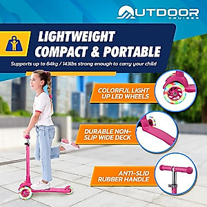 Outdoor Cruiser 3-Wheel Kids Scooter – with Lean-to-Steer Technology, Wide Deck, Led Lighted Wheel, 4-Level Adjustable Height T-bar Handle, Support Kids Up to 150 Lbs, for Boys & Girls Ages 3-8, Pink