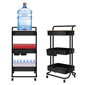 LING RONG 3-Tier Utility Rolling Metal Storage Cart,Heavy Duty Multifunction Cart with Lockable Wheels,Cover,4 Hooks 2 Storage Boxes for Kitchen Living Room Office Bathroom (U-Shaped Armrest, Black)