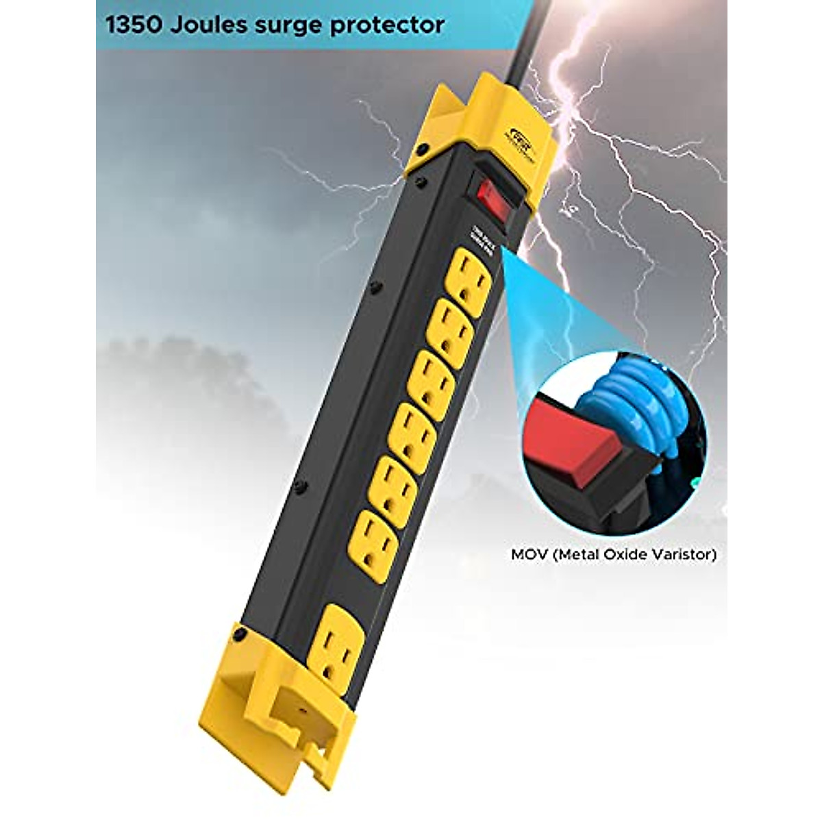 CRST 7-Outlet Heavy Duty Surge Protector Power Strip with Flat Plug, 9 feet Long Extension Cord for Home Garage Industrial Workshop, 1350 Joules, 15A Circuit Breaker