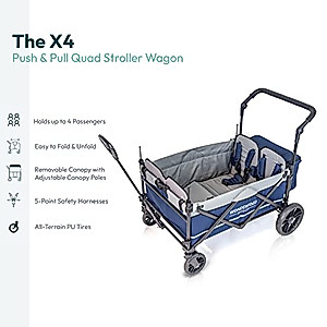 WONDERFOLD X4 Navy Multi-Function 4 Passenger Quad Push and Pull Folding Stroller Wagon, Adjustable & Removable Canopy, Double Seats with 5-Point Harness, Navy