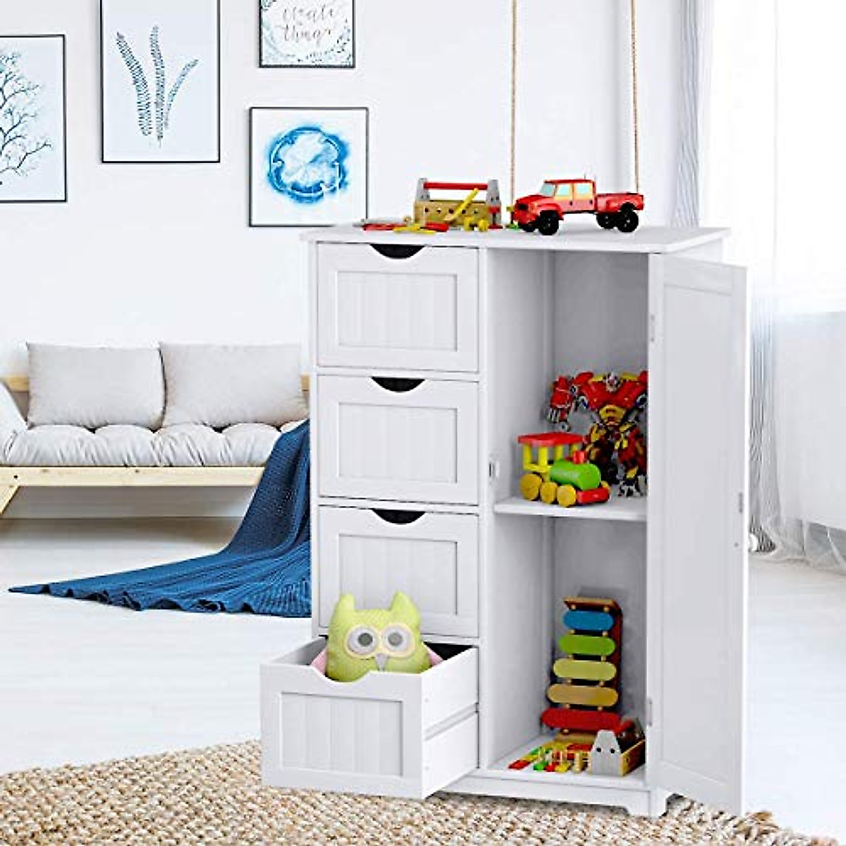 Giantex Bathroom Floor Cabinet Wooden with 1 Door & 4 Drawer, Free Standing Wooden Entryway Cupboard Spacesaver Cabinet, White