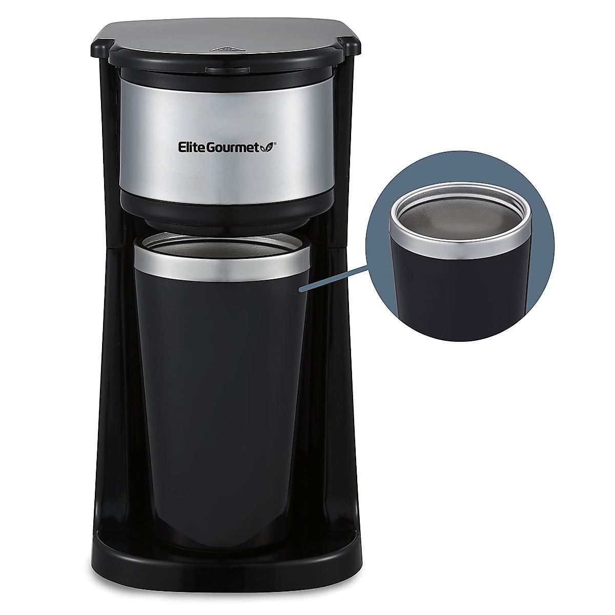 Elite Gourmet EHC112 Personal Single-Serve Compact Coffee Maker Brewer Includes 14Oz. Stainless Steel Interior Thermal Travel Mug, Compatible with Coffee Grounds, Reusable Filter