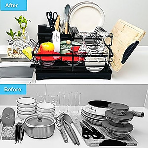 MontNorth Dish Drying Rack for Kitchen Counter, Large Rust-Proof Dish Strainer with Drainboard,2 Tier Dish Drainers with Utensil Holder, Cups Holder,Space-Saving, Easy to Assemble,Black