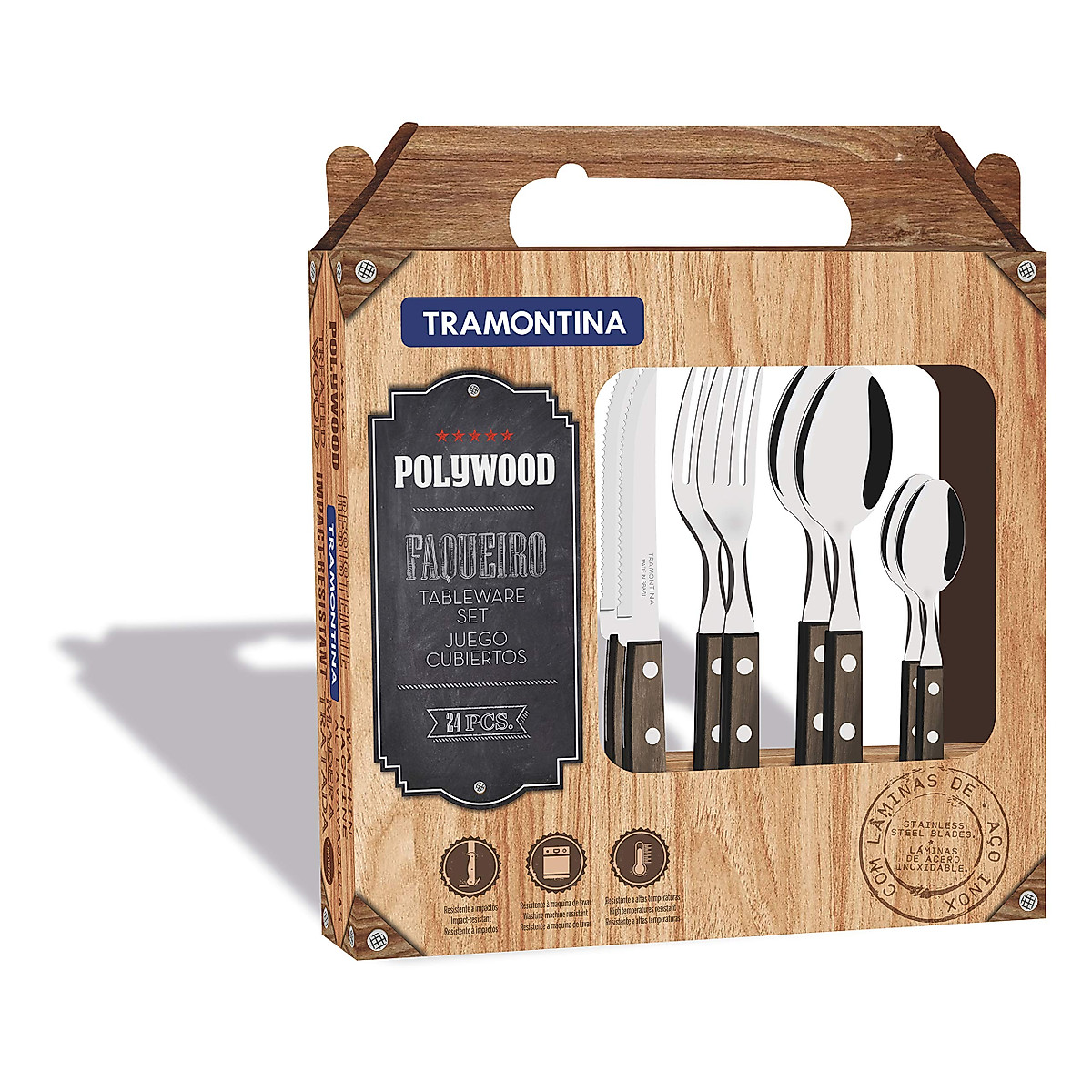 Tramontina Cutlery Set with Steak Knives, 24 Piece Sharp Knife, Forks, Teaspoons, Tablespoons with Wooden Handles, ‎Camping, Kitchen, Rustic, Dishwasher Safe, 21199905